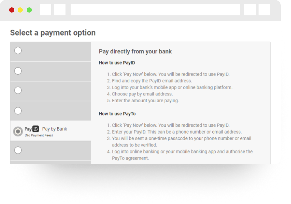 Pay by Bank. PayID. PayTo. | Webjet AU